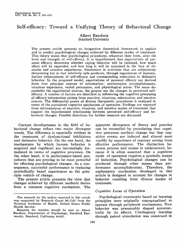 self-efficacy theory Bandura - 1977 | PDF | Self Efficacy | Anxiety
