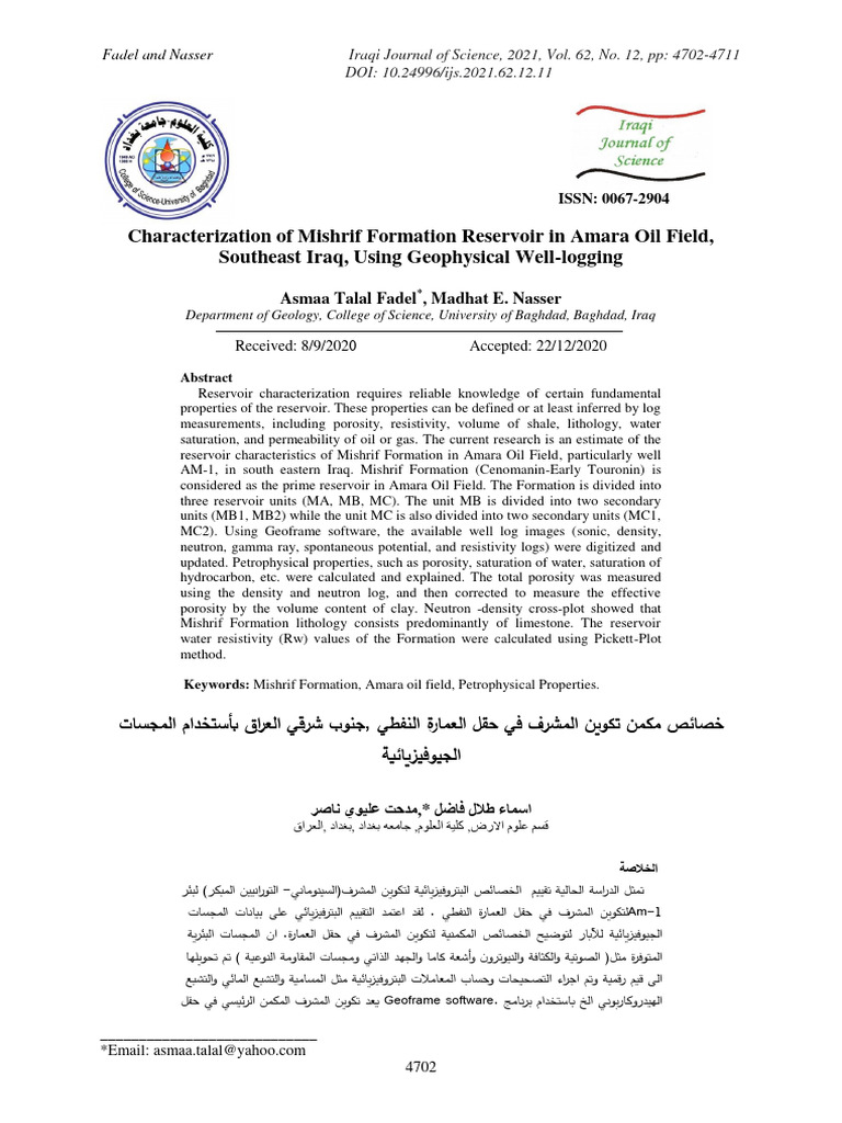Characterization of Mishrif Formation Reservoir in Amara Oil Field ...
