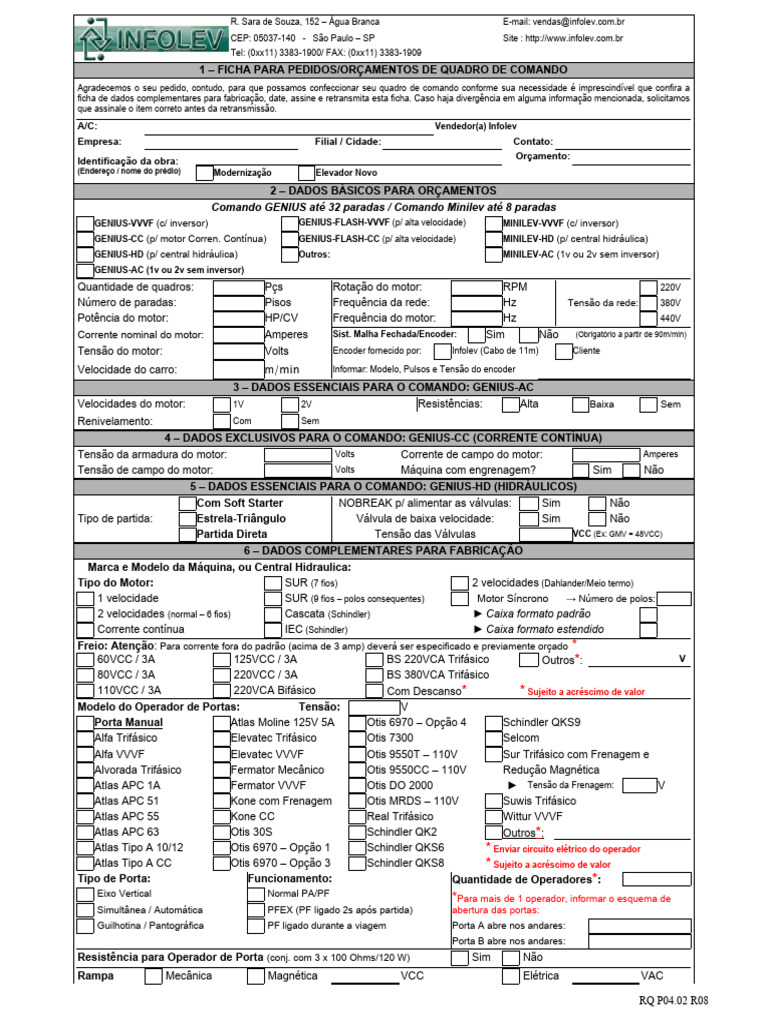 RQ P04.02 Ficha para Pedidos Orcamentos de Quadro de Comando R08 | PDF | Motores | Fonte de energia