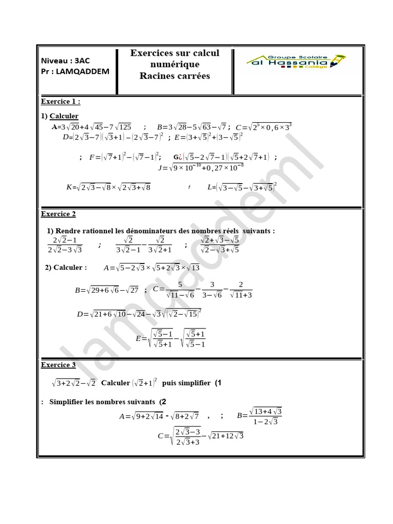 Exercices Sur Racines Carrées | PDF