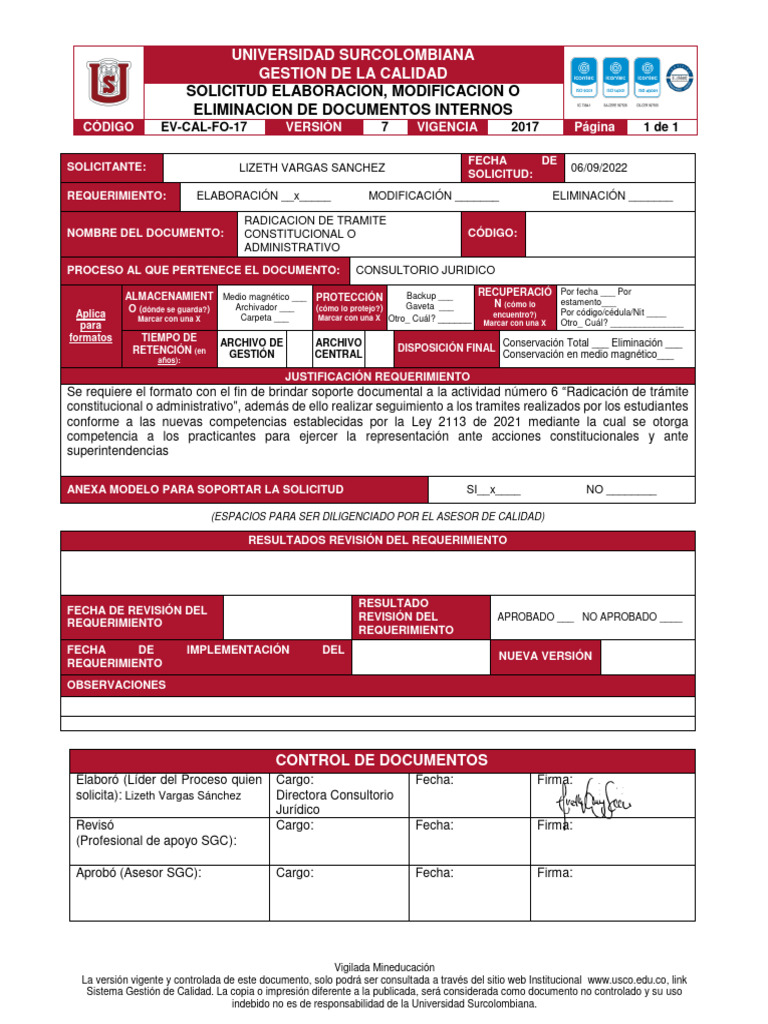 Ev-Cal-Fo-17 Solicitud Elaboracion, Modificacion o Eliminacion de Documentos Internos | PDF