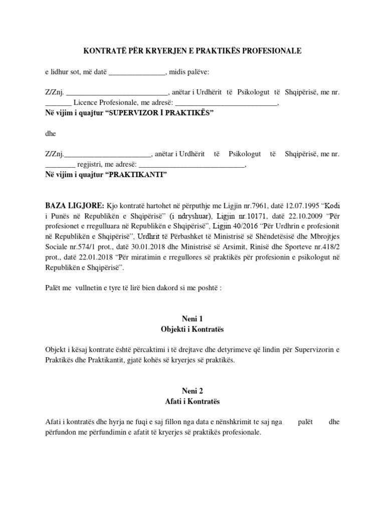 Kontratë Tip Për Kryerjen e Praktikës Profesionale 2 | PDF Kontratë Tip Për Kryerjen e Praktikës Profesionale 2 | PDF