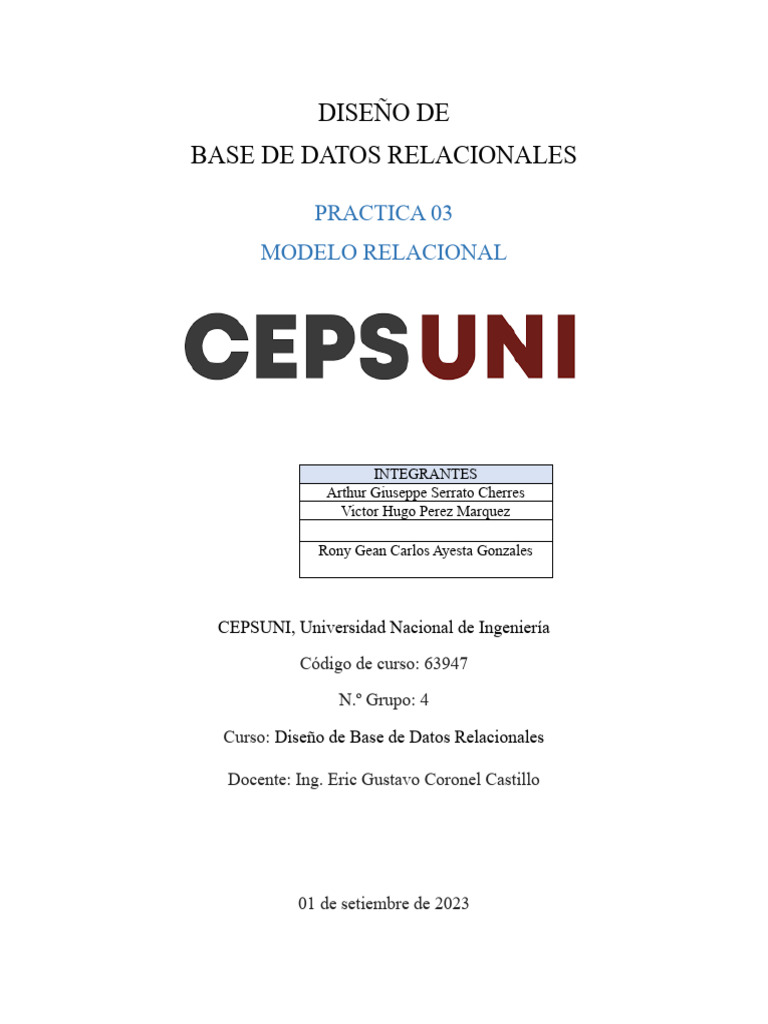 PRÁCTICA 03 - DISEÑO DE BASE DE DATOS | PDF | Bases de datos | Modelo relacional