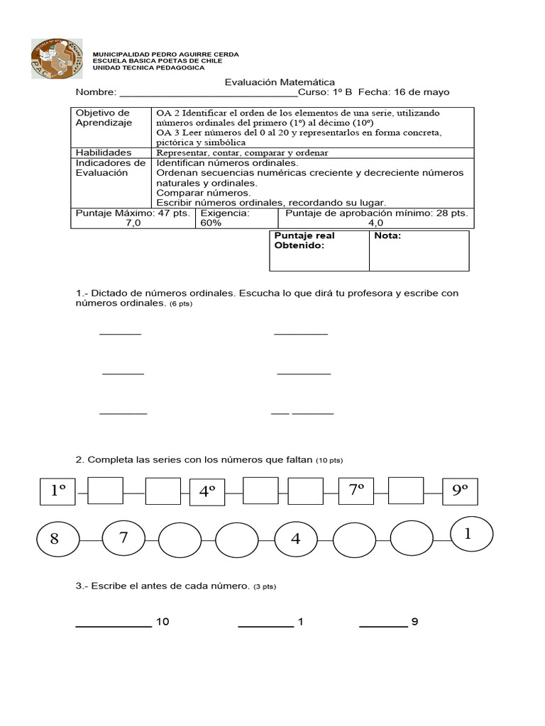 Evaluación de Números Ordinales 1º B | PDF | Informática