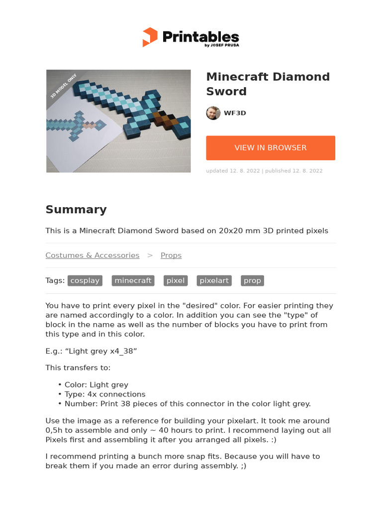 Minecraft Diamond Sword 3D Print Guide | PDF