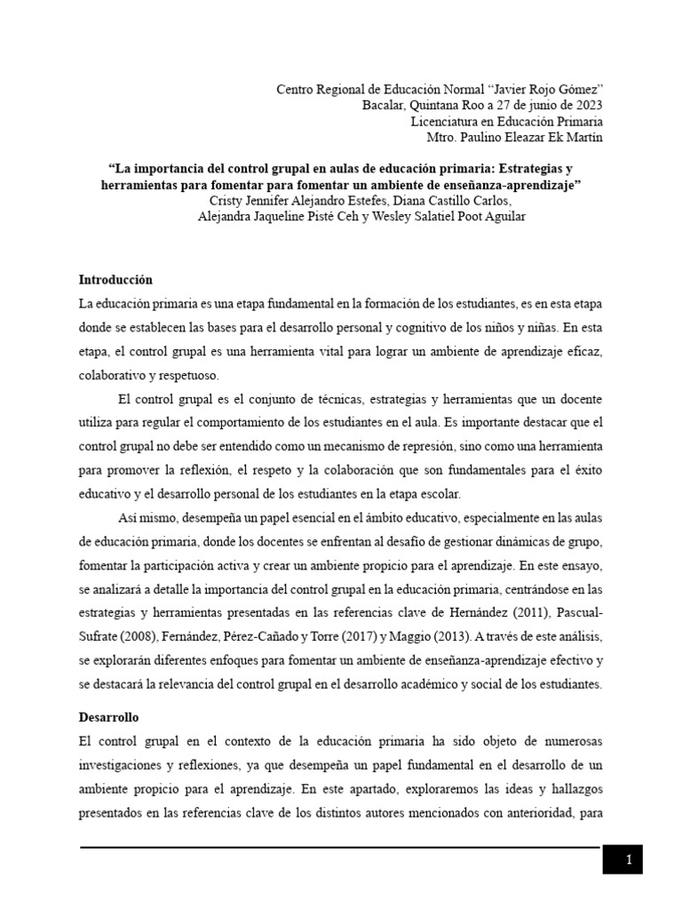 Ensayo La Importancia Del Control Grupal | PDF | Enseñando | Salón de clases
