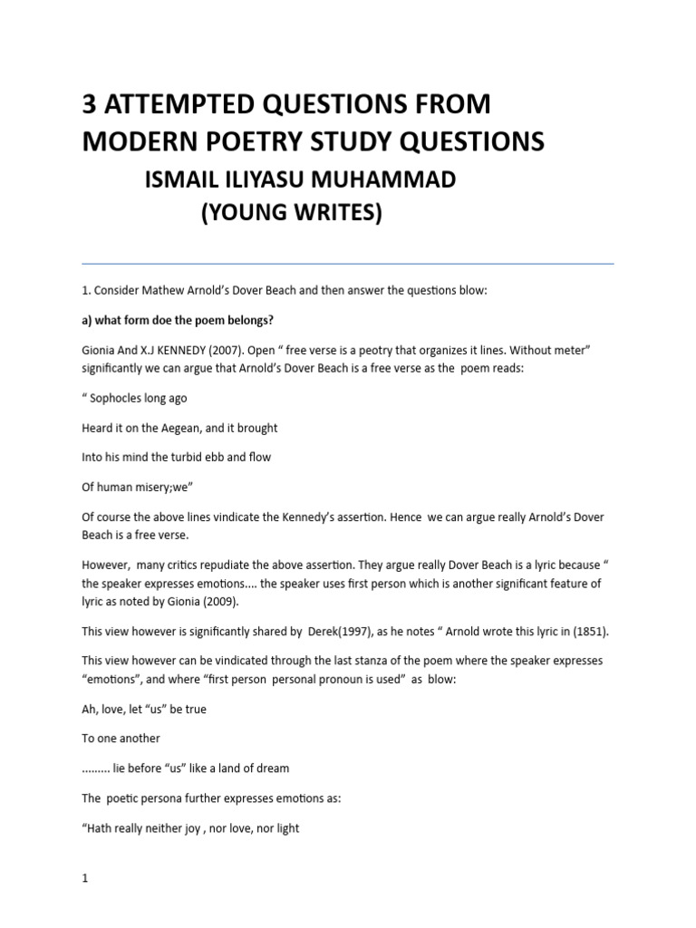 Analysis of Three Poems: of Modern Poetry, Arnold's Dover Beach and ...