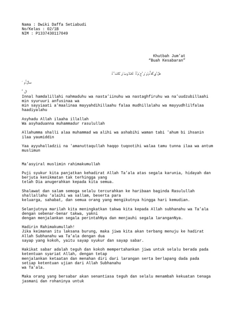 Contoh Teks Khutbah Jumat Singkat | PDF