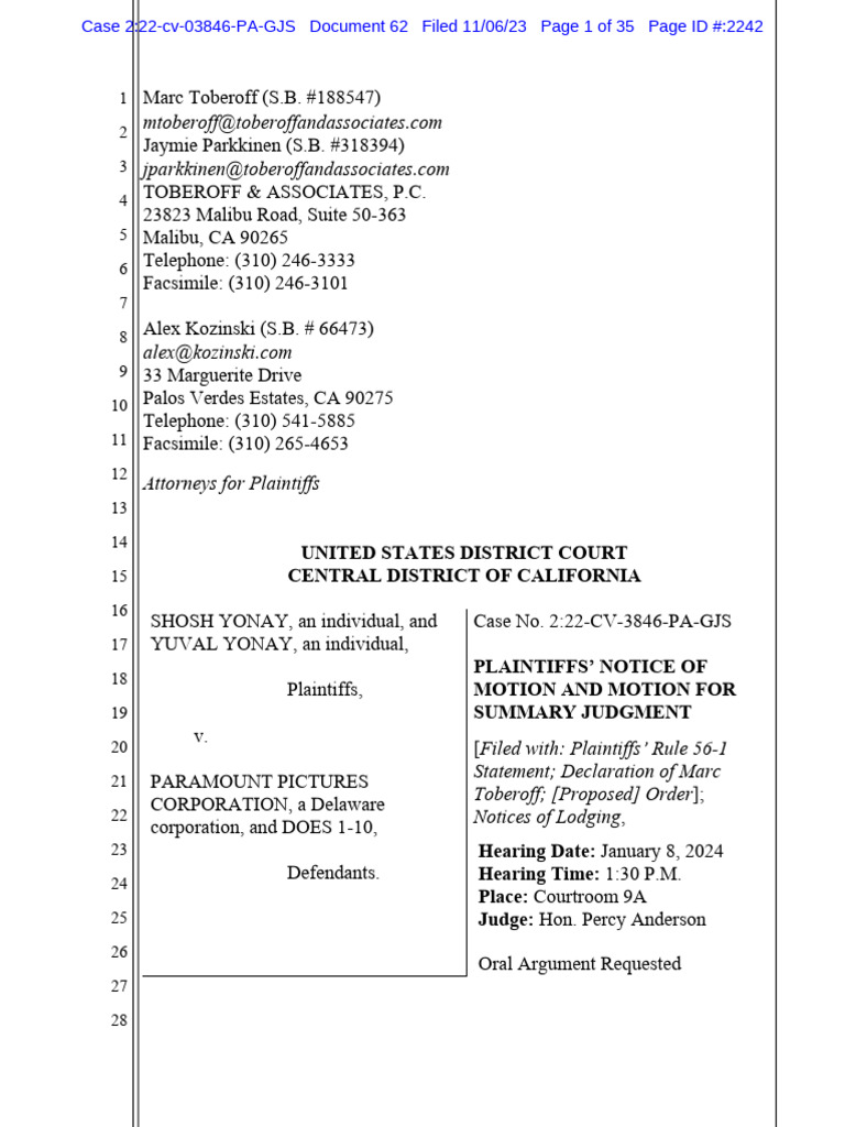Yonay, MSJ | PDF | Substantial Similarity | Summary Judgment