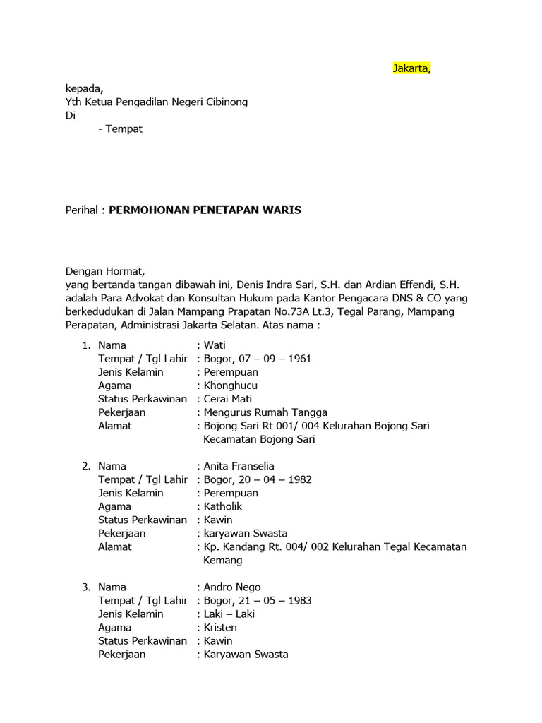 Draf Permohonan Hak Waris | PDF