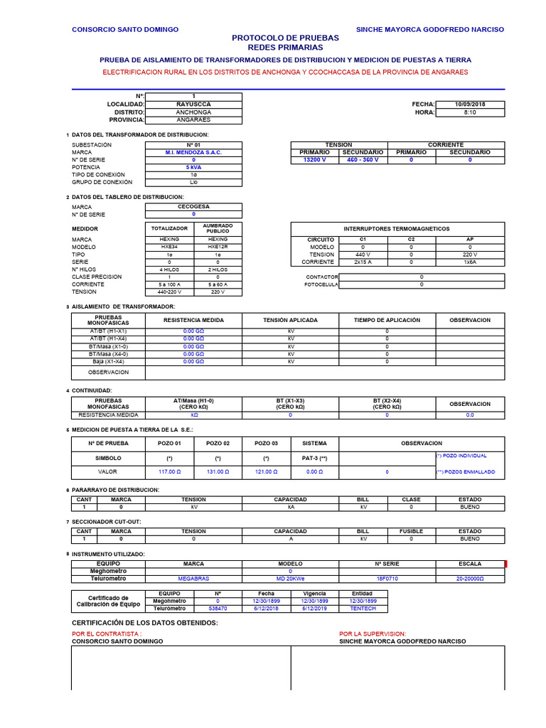 Protocolo de Pruebas - RP | PDF | Distribución de energía eléctrica | Transformador