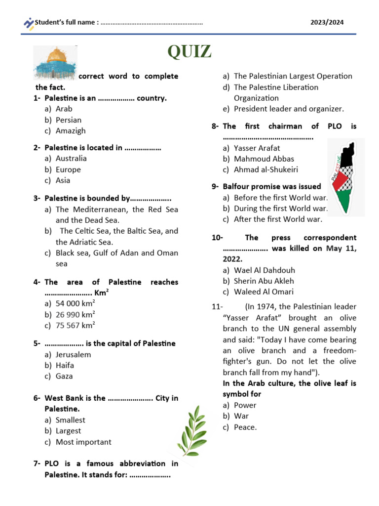QUIZ | Download Free PDF | State Of Palestine | World Politics