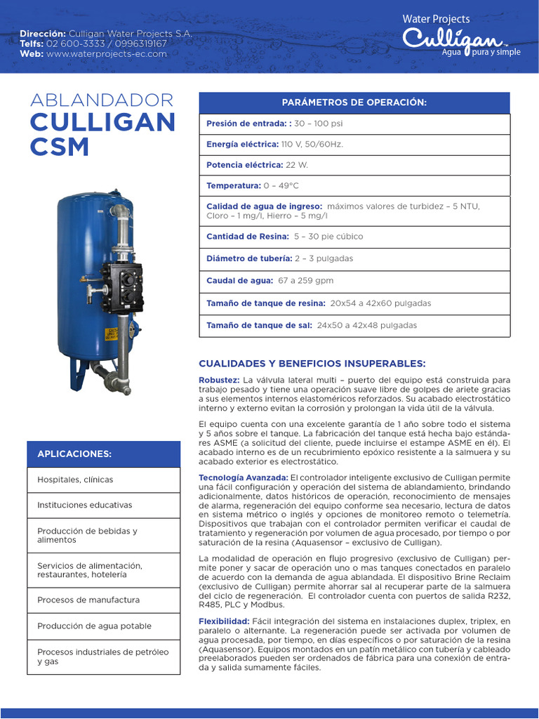 ABLANDADOR Culligan CSM | PDF | Agua | Ciencias fisicas
