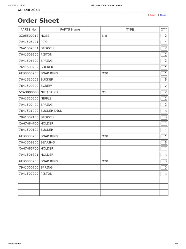 GL-640 2043 Parts Order Sheet | PDF