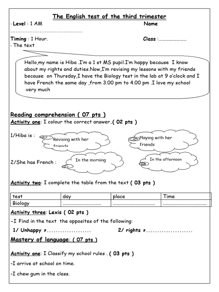 1MS - Third Term Test - by Teacher - Widad Kellou 2018 | PDF ...