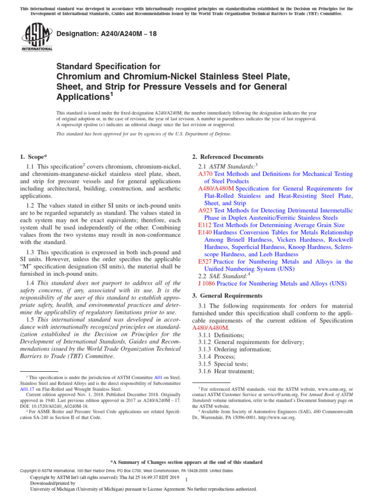Astm A 240 2019 | PDF | Stainless Steel | Steel