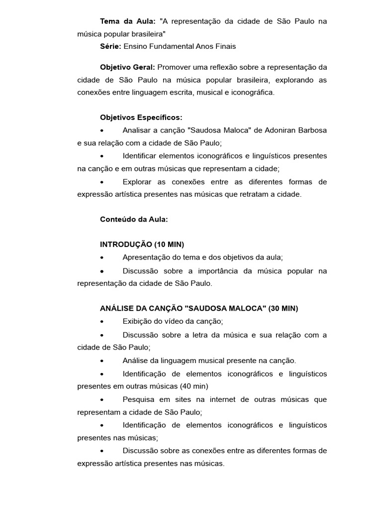 Plano De Aula Musica Un Ii Pdf São Paulo Linguística