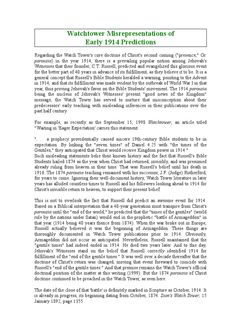 Misconceptions of 1914 in Watchtower Teachings | PDF | Second Coming ...