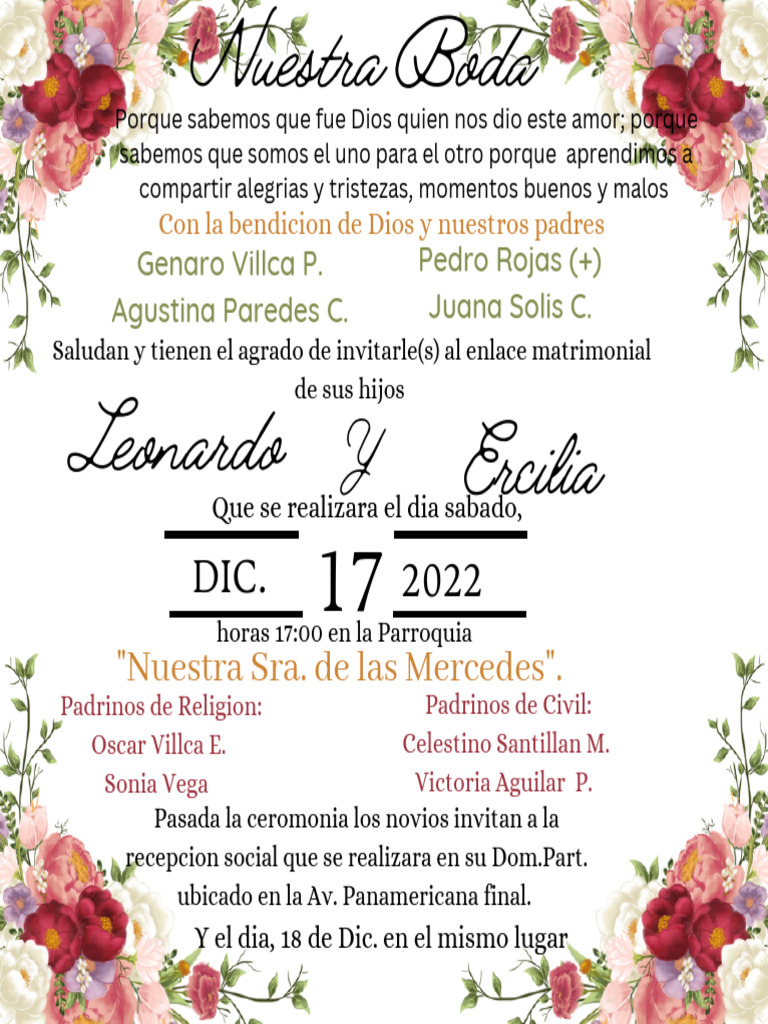 Red Green Floral Elegant Rustic Wedding Invitations | PDF