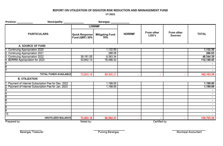 Sample BDRRMF Utilization | PDF | Business | Economies