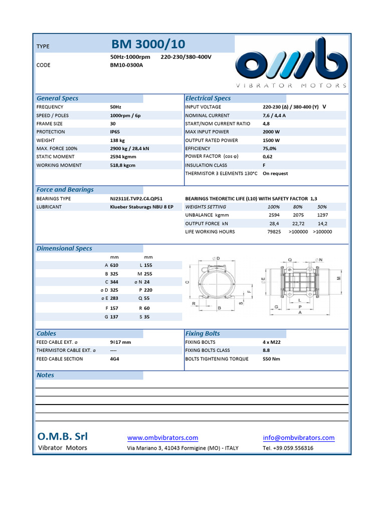 O.M.B. SRL: General Specs Electrical Specs | PDF | Bearing (Mechanical ...