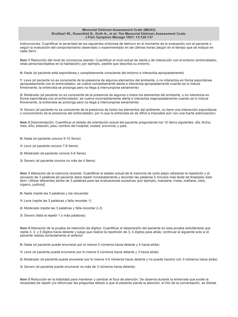 Memorial Delirium Assessment Scale | PDF | Dormir | Pensamiento