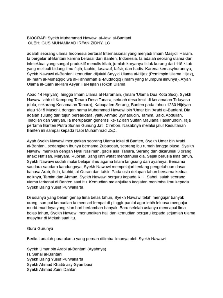 BIOGRAFI Syekh Muhammad Nawawi Al-Jawi Al-Bantani | PDF | Agama ...