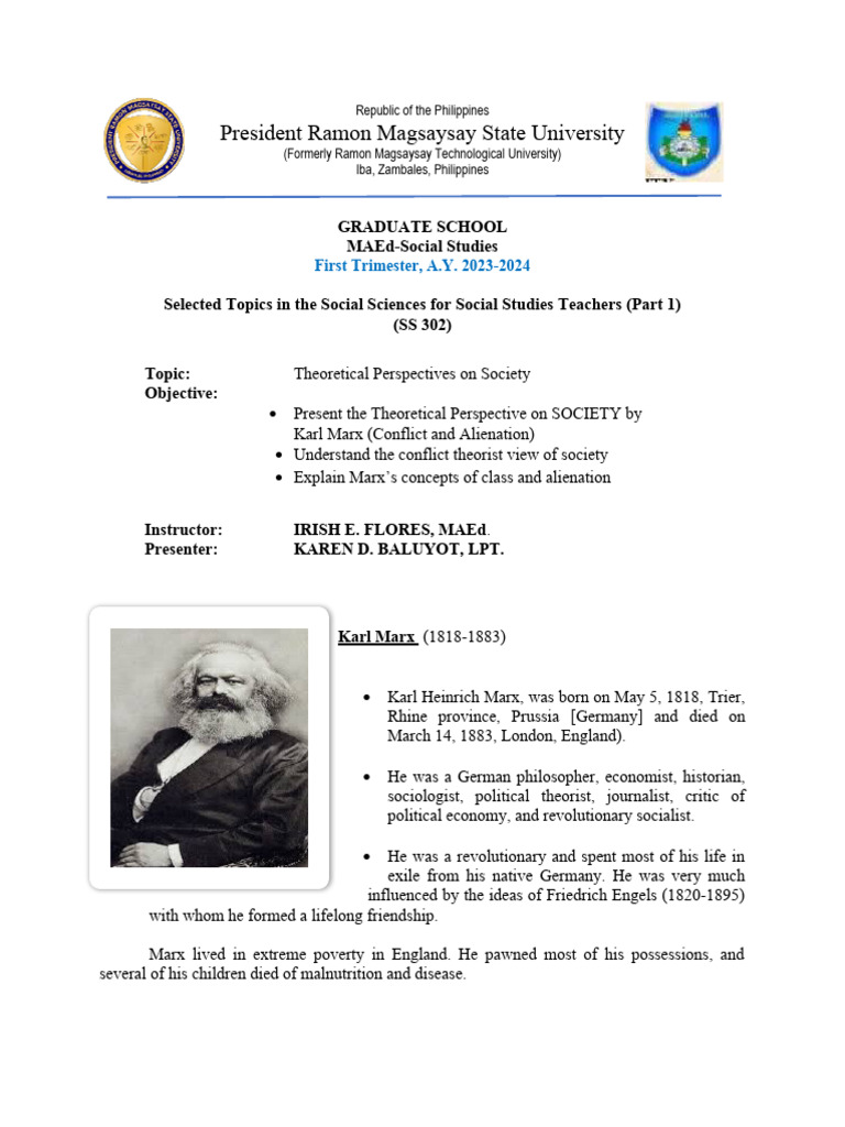 SS302 WRITTEN REPORT Theoretical Perspectives On Society KARL MARX ...