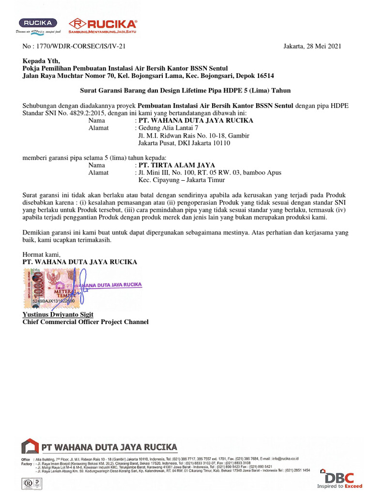 1770 Surat Garansi 5 tahun HDPE- PT. TIRTA ALAM JAYA | PDF