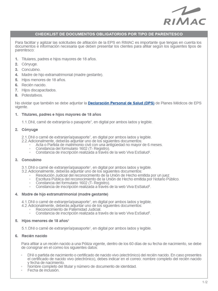 Checklist de Afiliación EPS - RIMAC | Descargar gratis PDF | Gobierno y personalidad