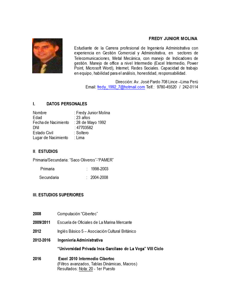 CV Freddy M 2016 VF | PDF | Business | Industrias de servicio