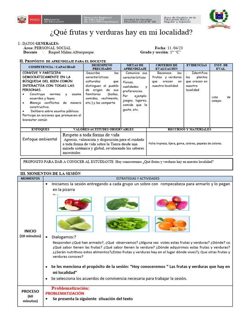 Sesion Ps Frutas y Verduras de Mi Localidad | PDF | Vegetales | Aprendizaje