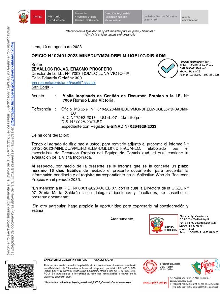 Oficio 02401 2023 Minedu Vmgi Drelm Ugel07 Dir Adm | PDF