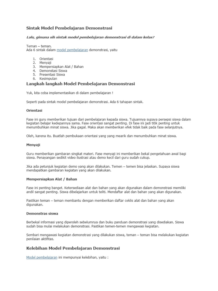 Sintak Model Pembelajaran Demonstrasi | PDF