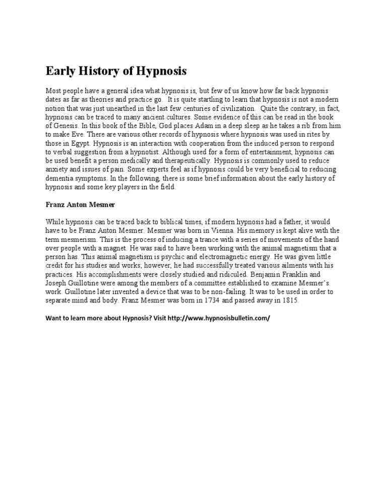 Early History of Hypnosis | PDF | Educational Psychology | Pedagogy