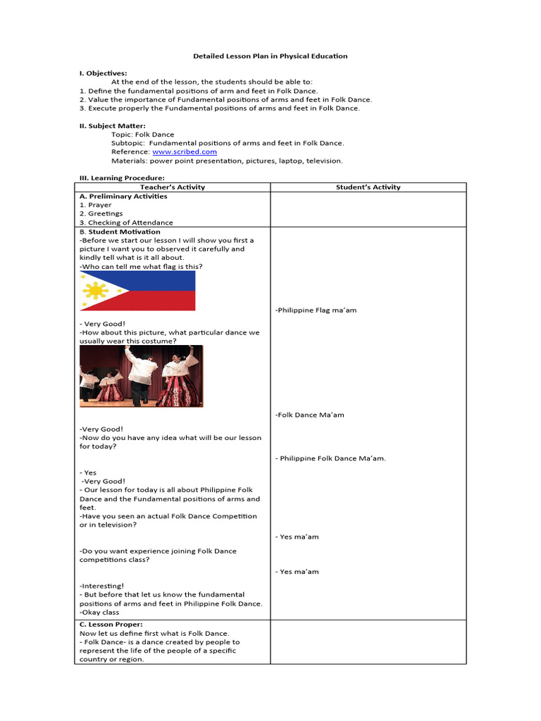 Fundamental Positions in Folk Dance | PDF | Foot | Lesson Plan