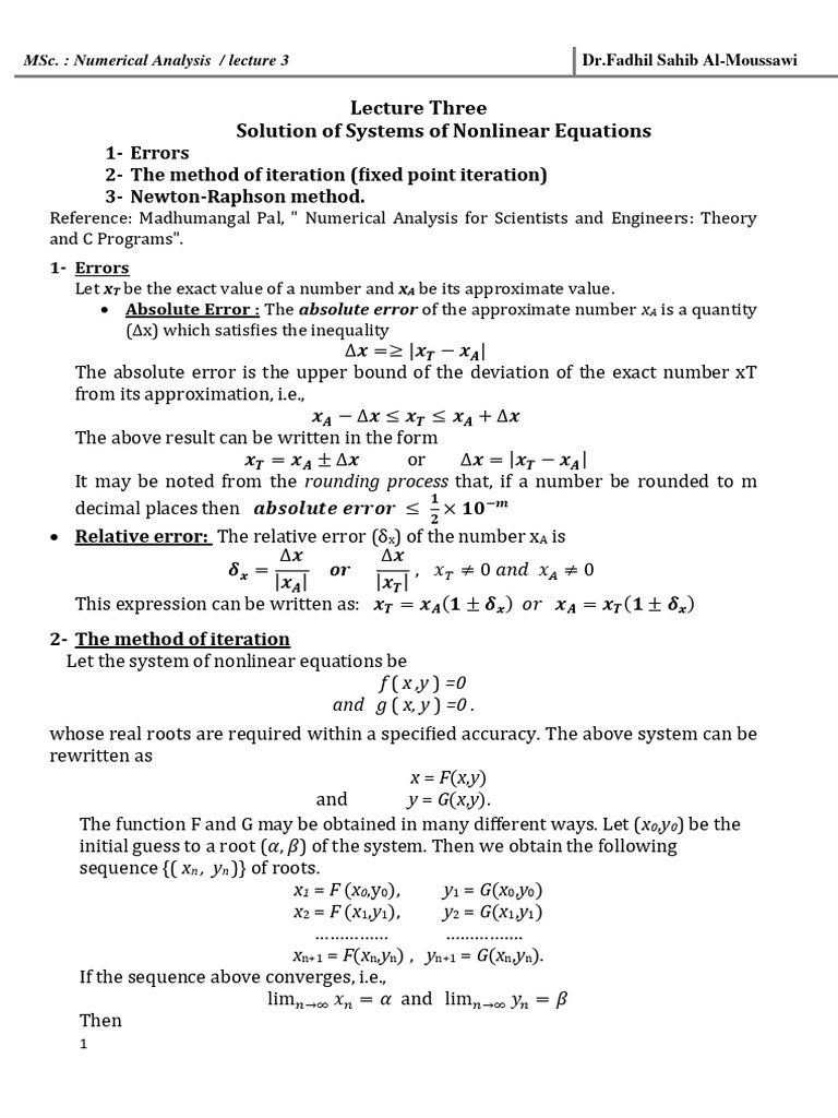 Lecture Three Solution of Systems of Nonlinear Equations | PDF | Numbers | Numerical Analysis