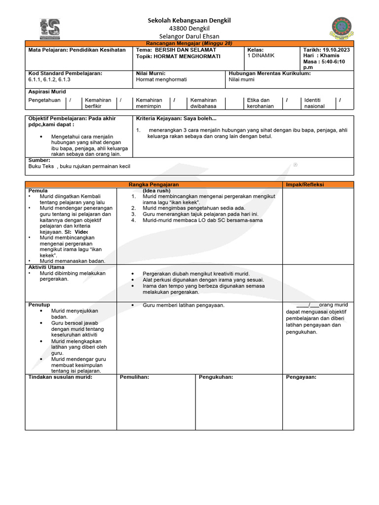 RPH M28 PJ Tahun 1 Dinamik Khamis | PDF