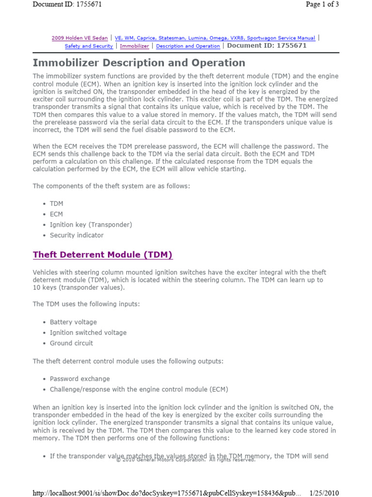 VE Commodore Immobilizer System Guide | PDF | Ignition System | Motor ...
