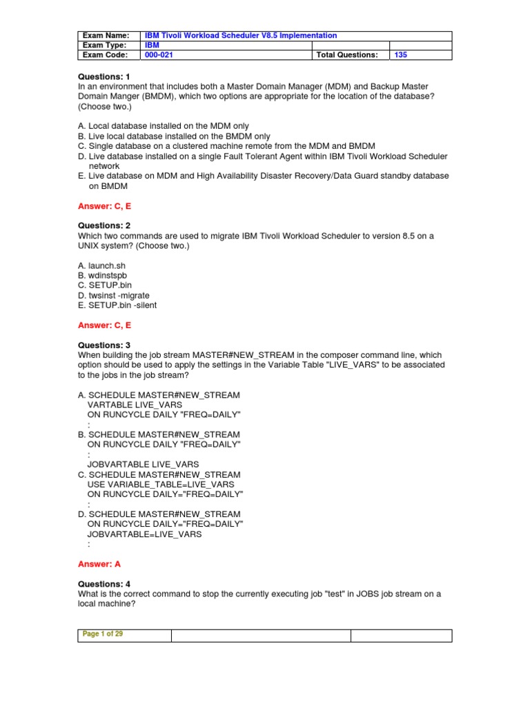IBM Tivoli Workload Scheduler V8.5 Exam Questions | PDF | Scheduling (Computing) | Command Line ...