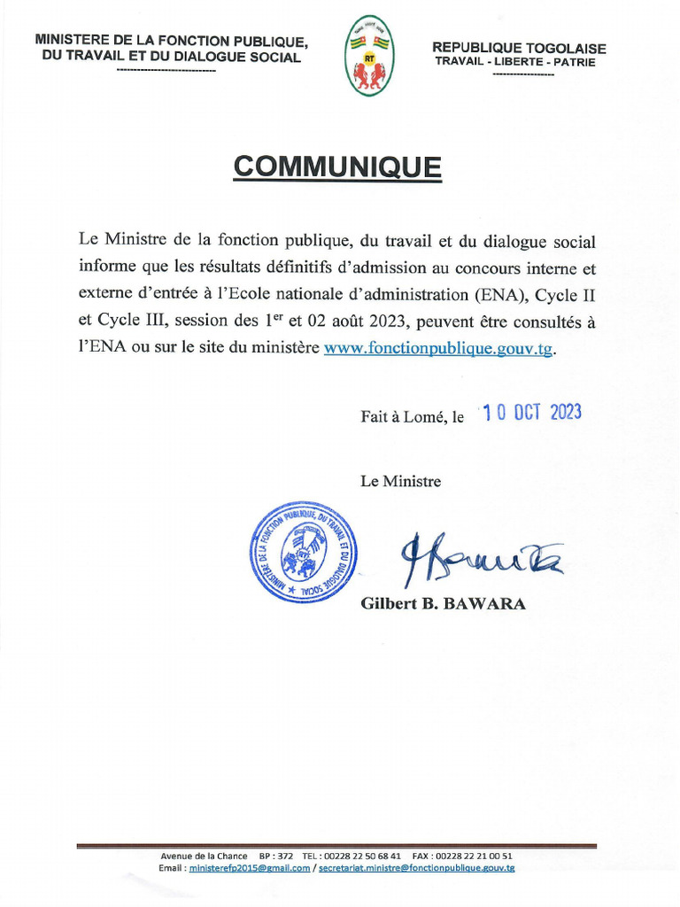 Communiqué Et Arrêté Portant Publication de La Liste Des Candidats Déclarés Admis Au Concours D ...