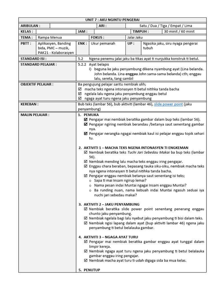RPH BIB TAHUN 1 UNIT 7 Jalai Jaku | PDF