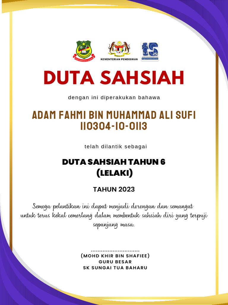 Sijil Duta Sahsiah Murid | PDF