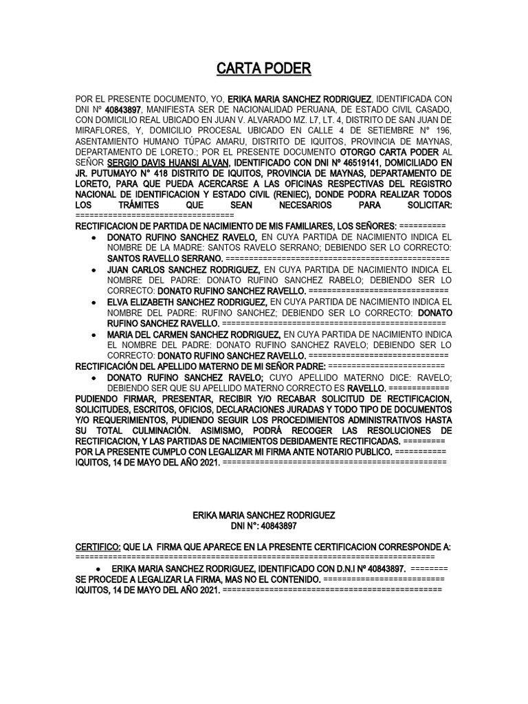Carta Poder Reniec Rectificaciones Pdf Gobierno Y Personalidad Perú