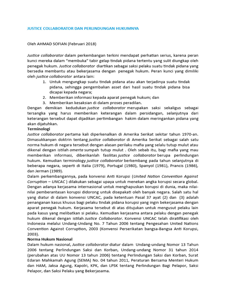 Justice Collaborator Dan Perlindungan Hukumnya | PDF Justice Collaborator Dan Perlindungan Hukumnya | PDF