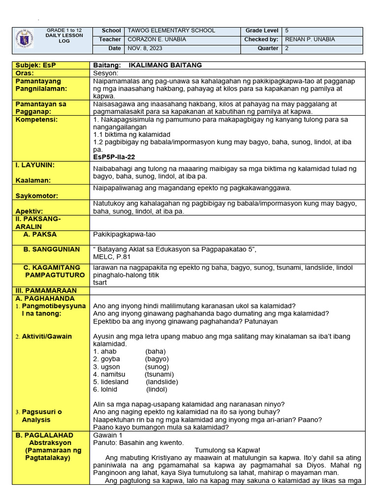 Esp 5 - Q2 Week 1 Day 1 & 2 | PDF