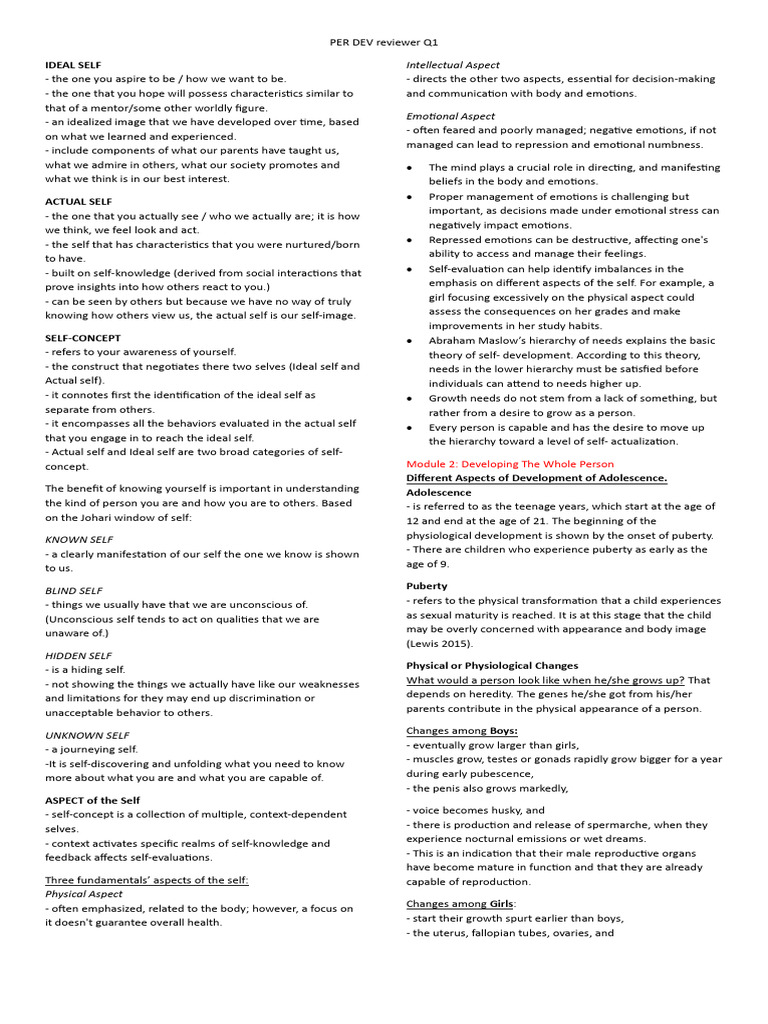 PER DEV Reviewer Q1 | PDF | Adolescence | Emotions