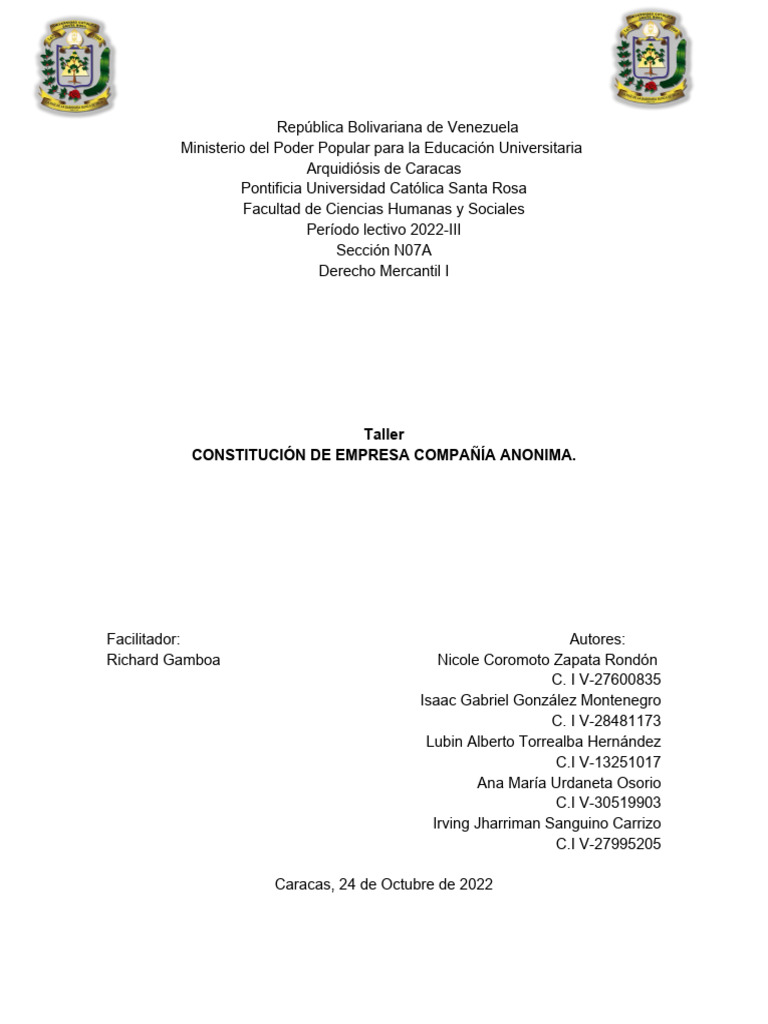 Taller #2 Constitución de Sociedad Anonima Bajo Denominación Compañia ...