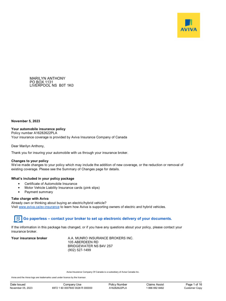 Marilyn Anthony PO BOX 1131 Liverpool Ns B0T 1K0: November 5, 2023 Your ...