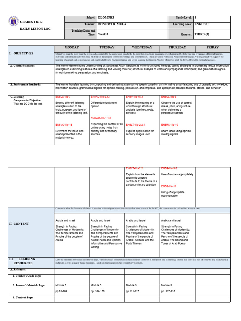 DLL ENG8 3RDQ Week3 1 | PDF | Learning | Teachers